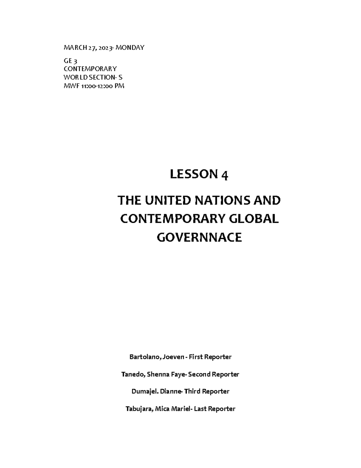 Lesson 4 THE United Nations AND Contemporary Global Governance - MARCH ...