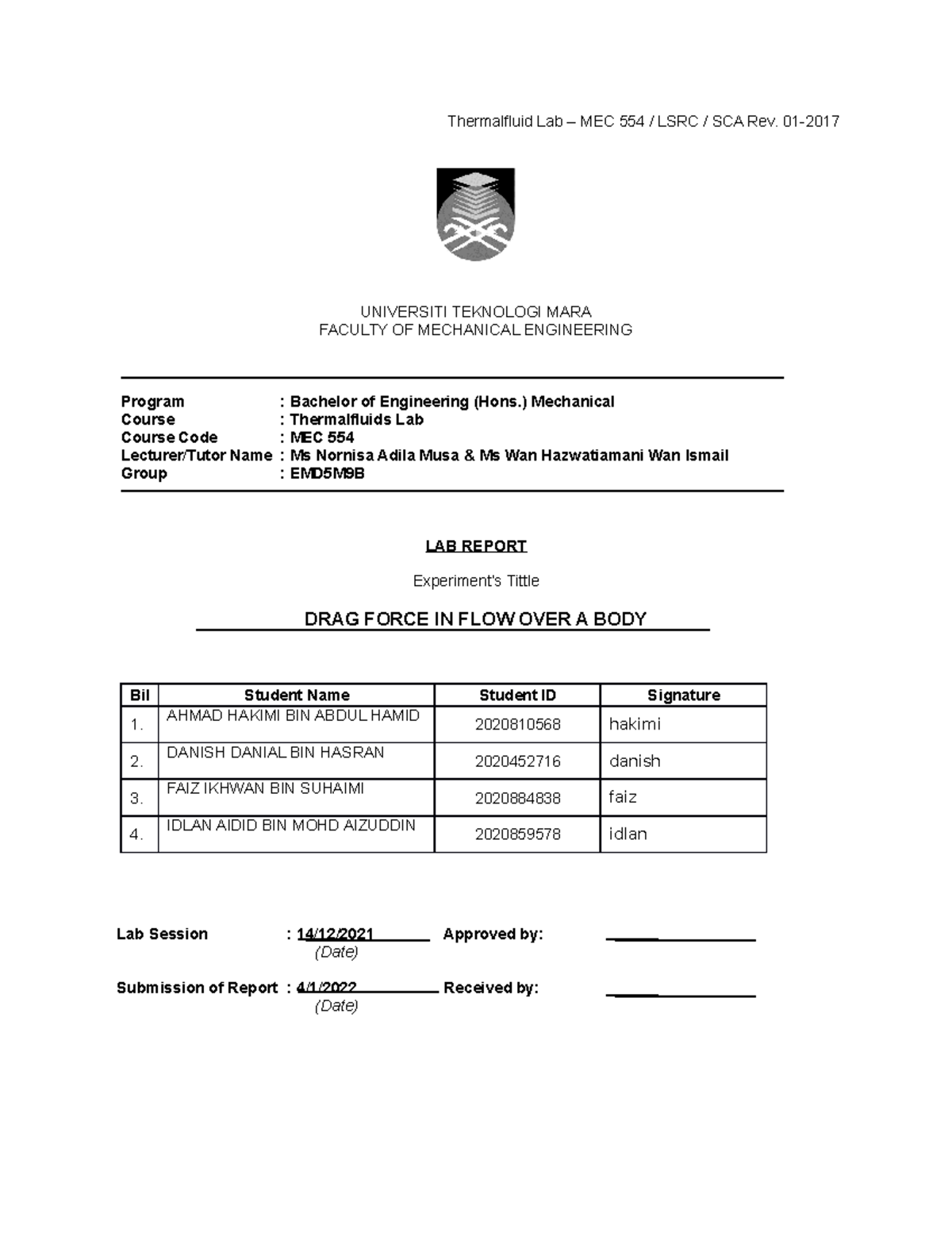 DRAG LAB REPORT COMPILED - Thermalfluid Lab – MEC 554 / LSRC / SCA Rev ...