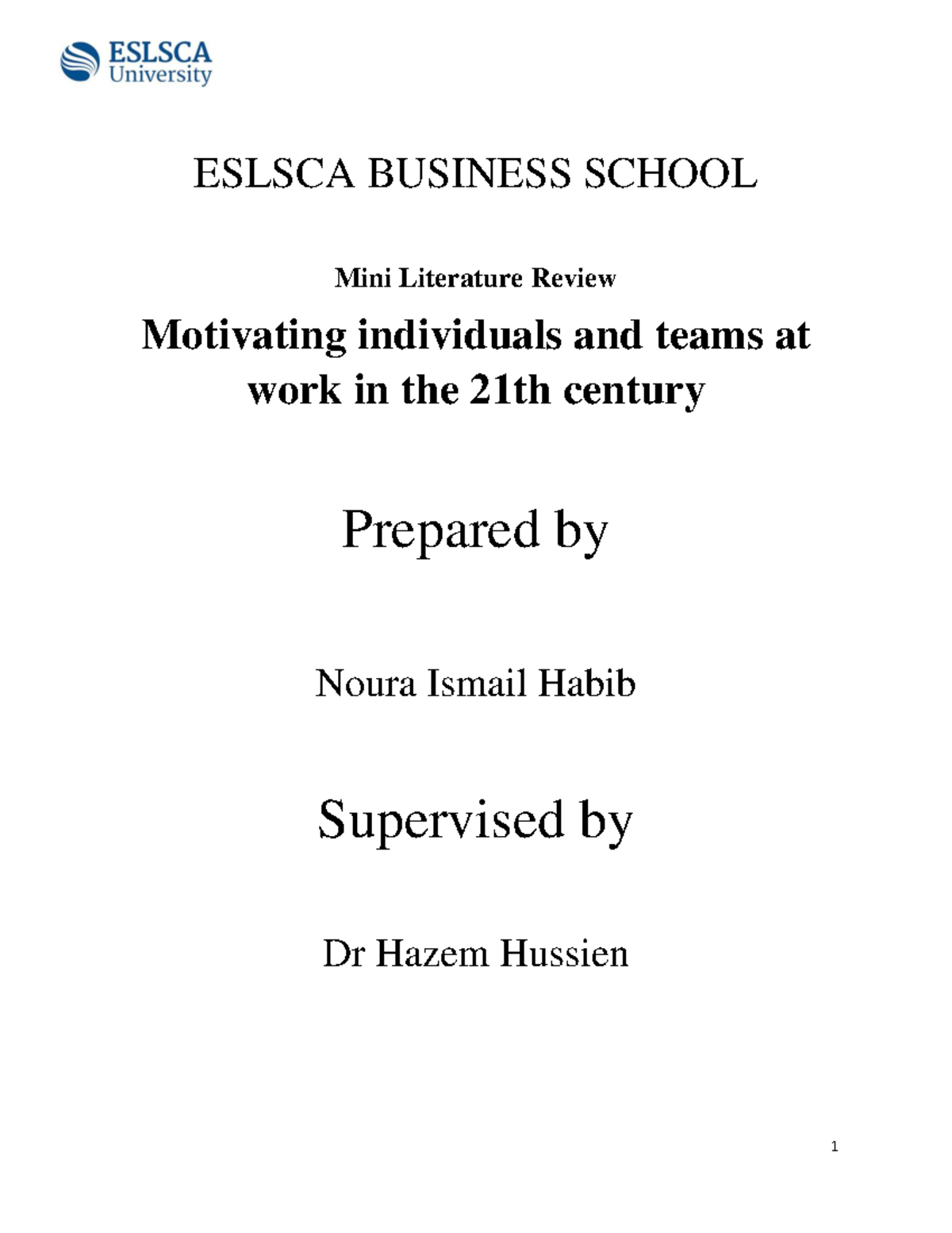 Mini literature Review- Noura Ismail Habib - ESLSCA BUSINESS SCHOOL ...