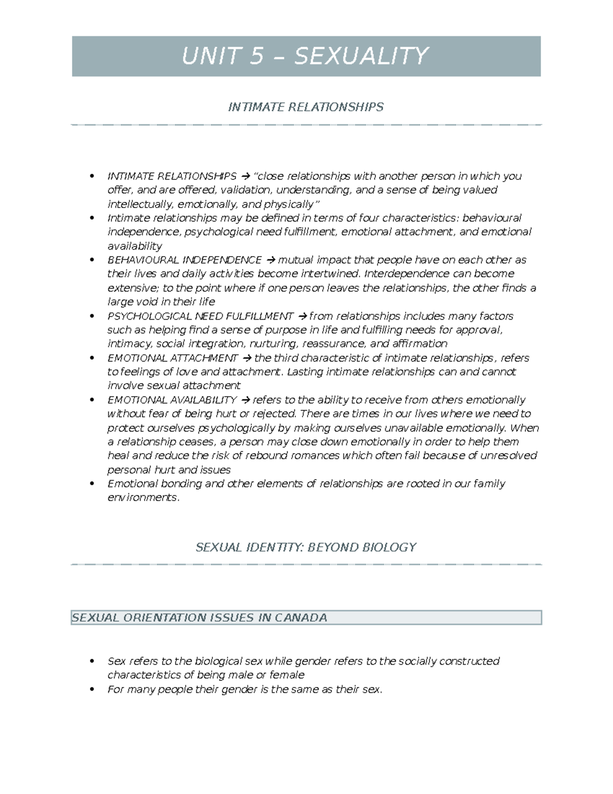 UNIT 5 Study Notes - UNIT 5 – SEXUALITY INTIMATE RELATIONSHIPS INTIMATE ...