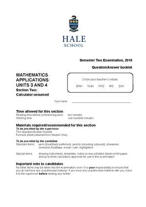 2022 YR12 APPS U34 S2 Booklet 3 - APPLICATIONS UNITS 3&4 12 CALCULATOR ...
