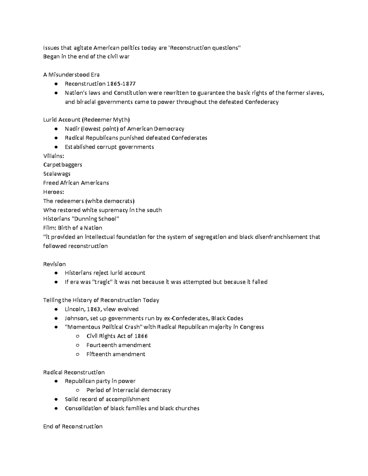 Reconstruction - Lecture notes 1 - Issues that agitate American ...
