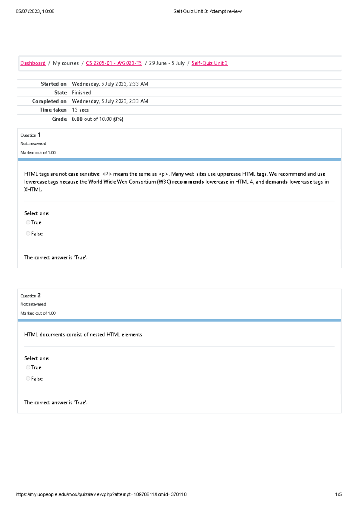 Self-Quiz Unit 3 Attempt review 5 - Started on Wednesday, 5 July 2023, 2:33 AM State Finished ...