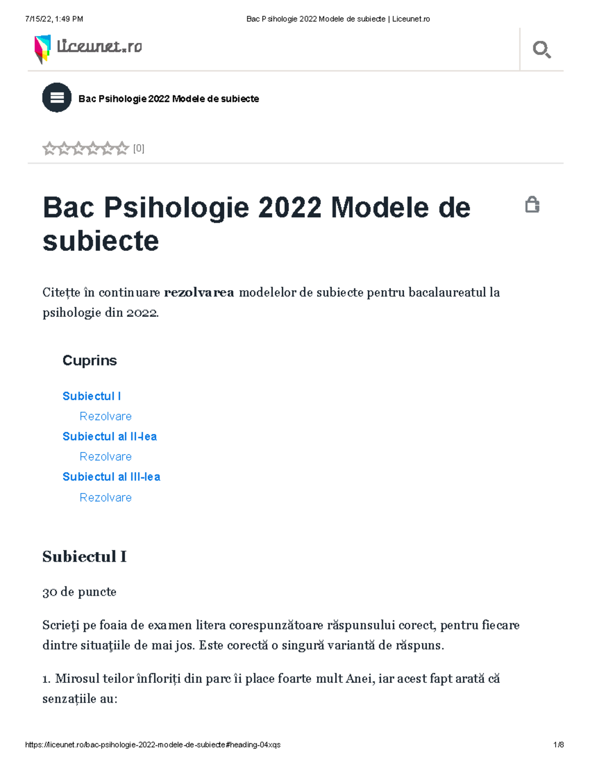 Bac Psihologie 2022 Modele de subiecte Liceunet - Bac Psihologie 2022 Modele de subiecte [ 0 ...