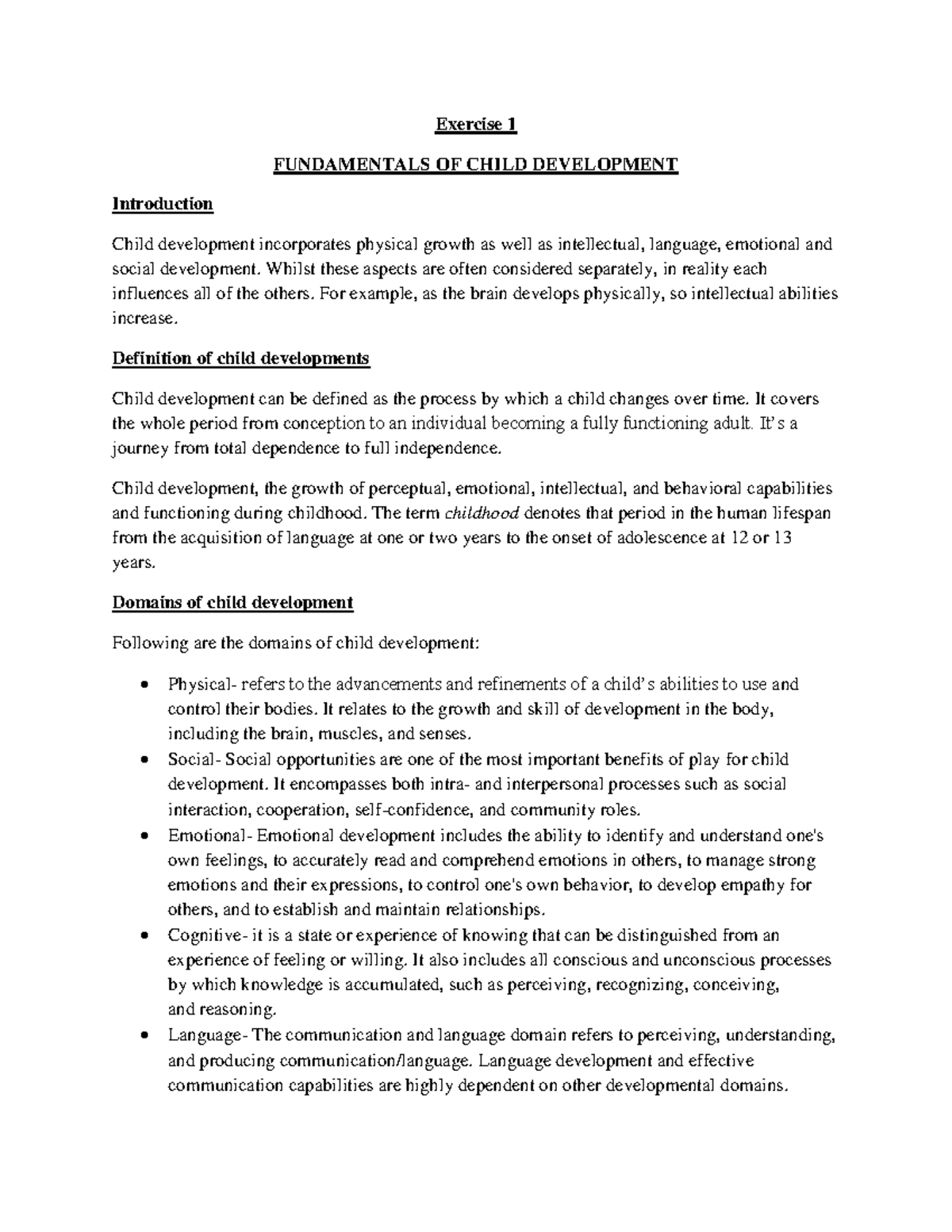 Fundamentals of Child Development HD - Exercise 1 FUNDAMENTALS OF CHILD ...