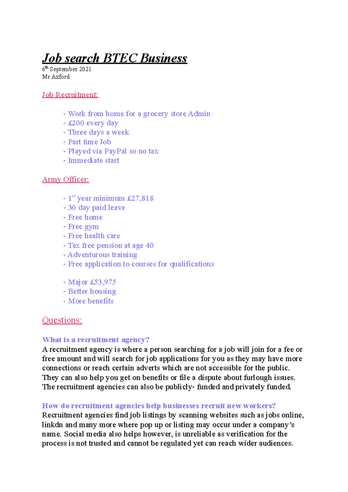 Job search BTEC Business Personal Notes - Job search BTEC Business 6 th ...