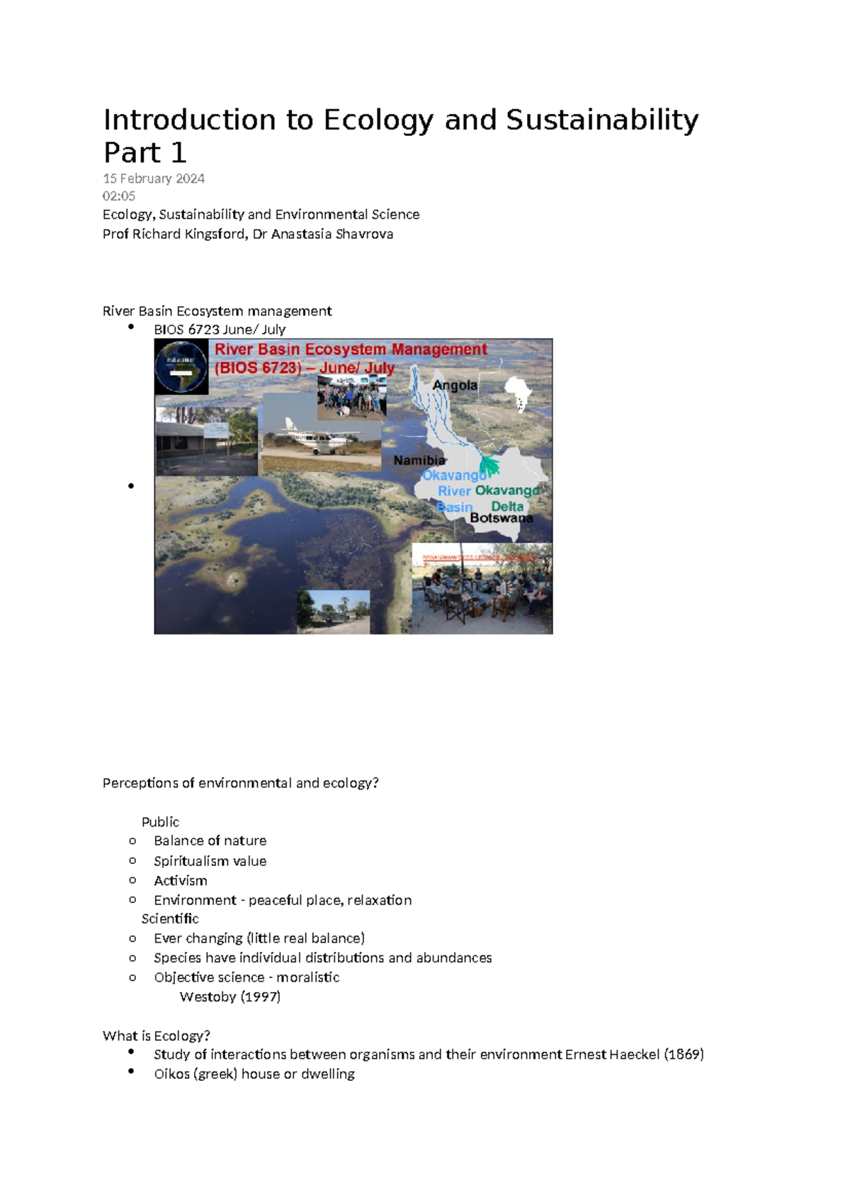 BIOS1301 week 1 notes - Introduction to Ecology and Sustainability Part ...