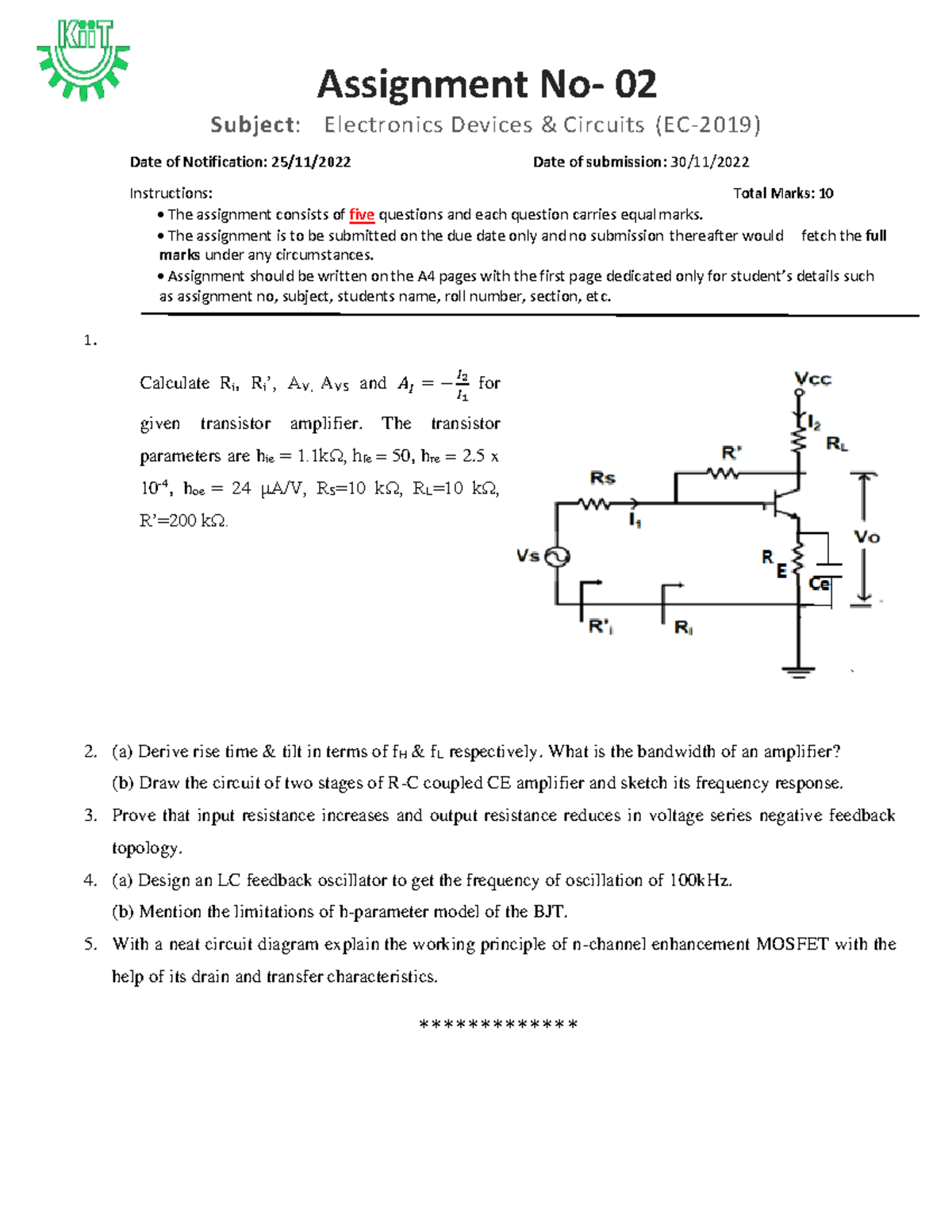 EDC assignment 2 - VVIMP - Assignment No- 02 Subject: Electronics Devices & Circuits (EC-2019 ...
