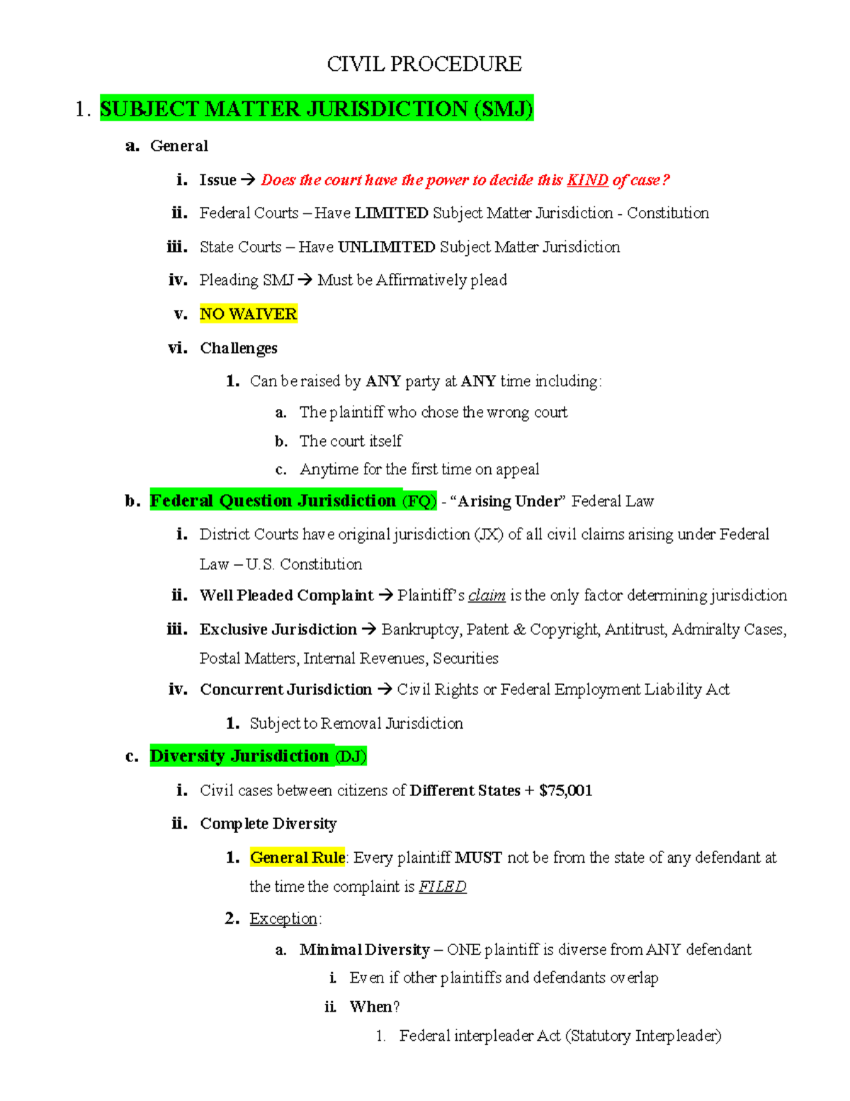 Civil Procedure - Outline - CIVIL PROCEDURE 1. SUBJECT MATTER ...