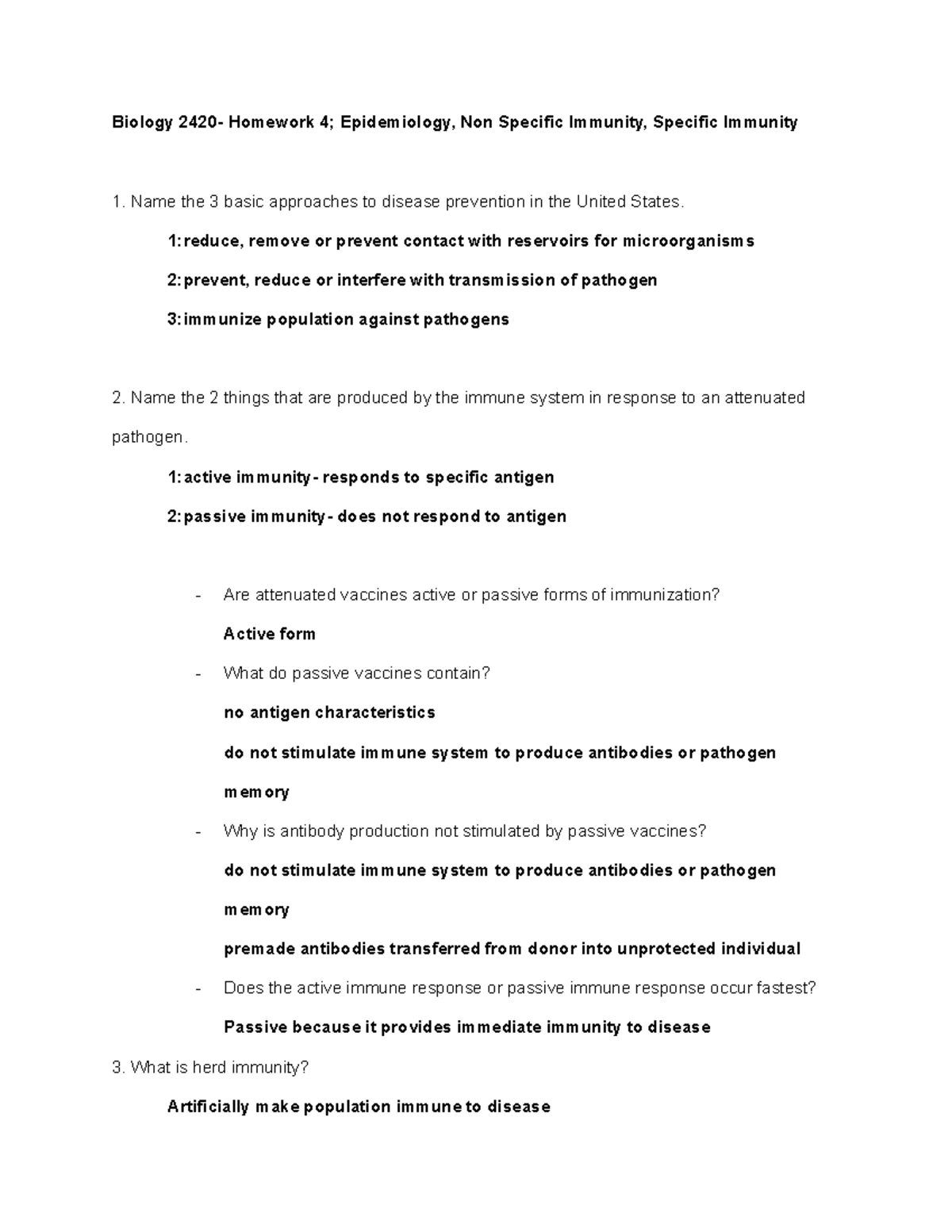 Biology 2420- Homework 4; Epidemiology, Non Specific Immunity, Specific ...