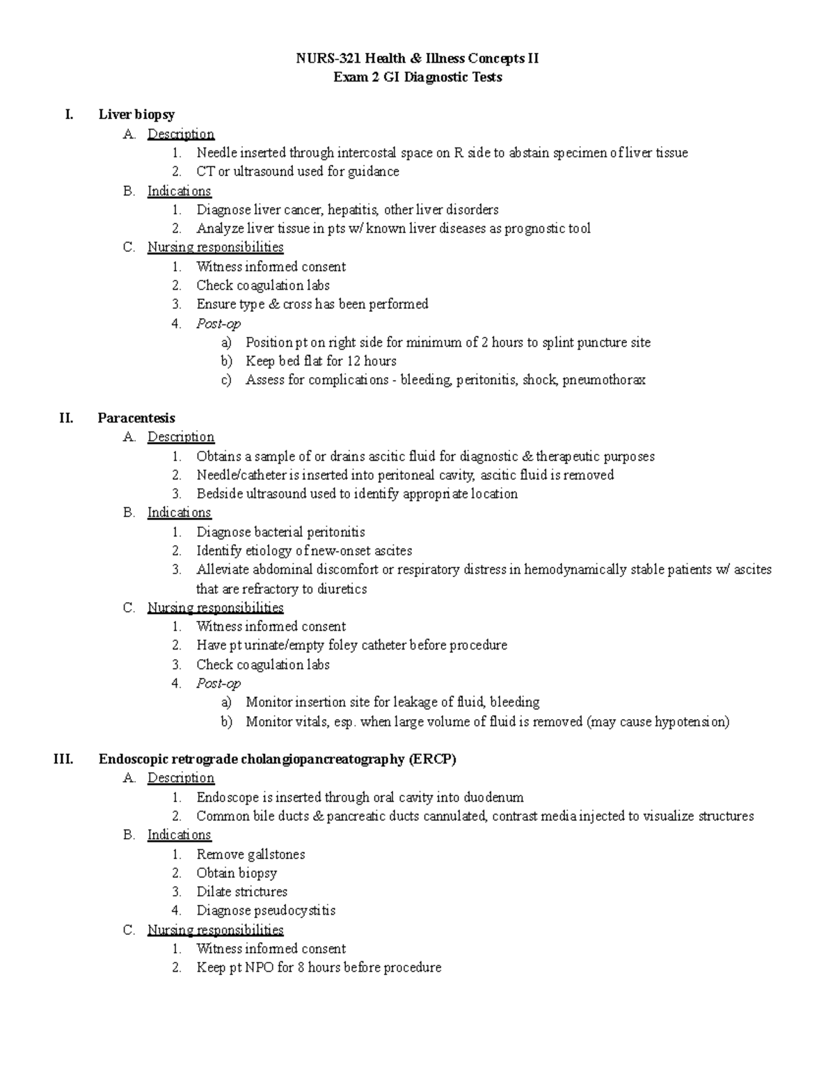 Exam 2 diagnostic tests - NURS-321 Health & Illness Concepts II Exam 2 ...