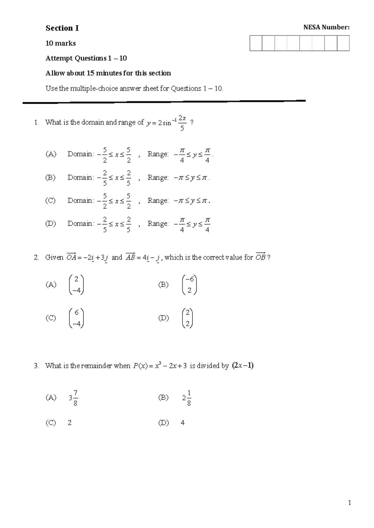 Fort Street 2023 Past Paper Ext 1 Maths - Section I 10 marks Attempt ...