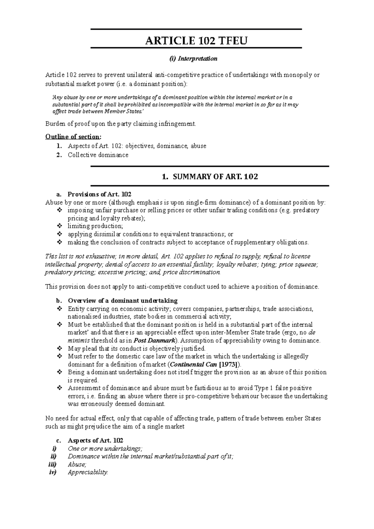 article 102 company law notes. - ARTICLE 102 TFEU (i) Interpretation ...