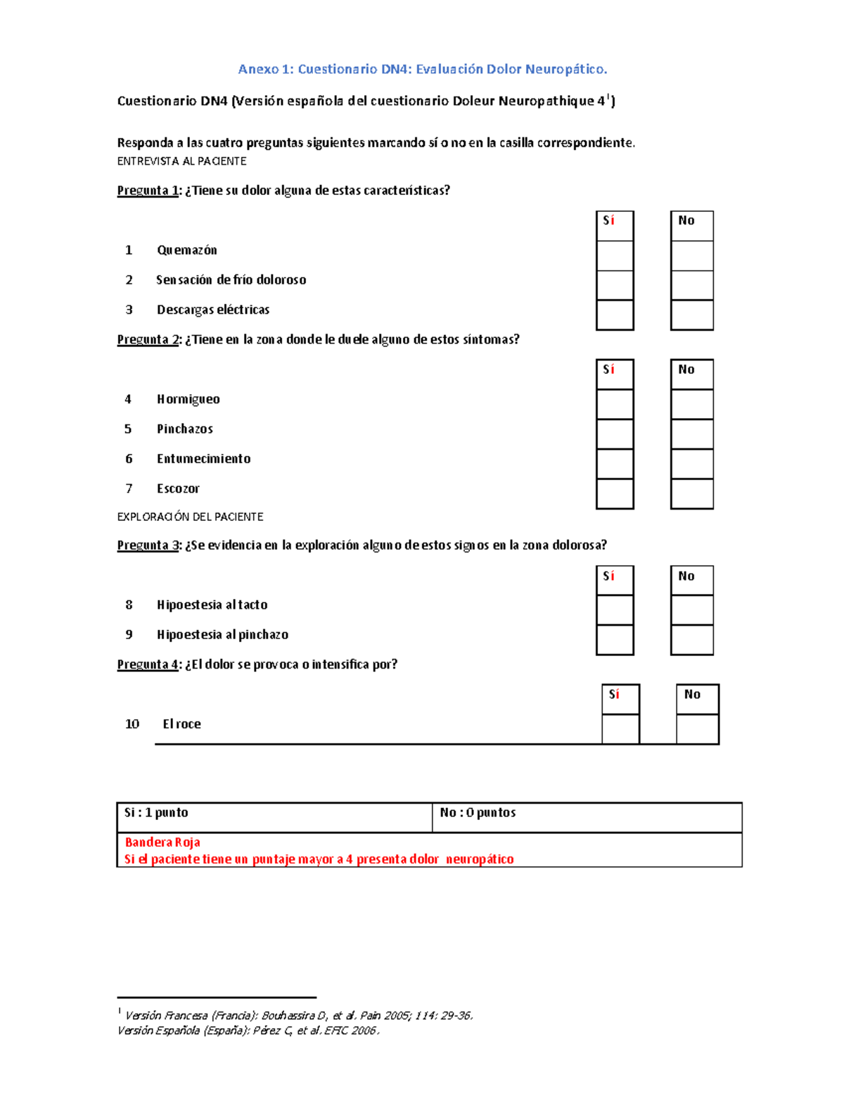 Dolor neuropatico - Anexo 1 : Cuestionario DN4: Evaluación Dolor Neuropático. Cuestionario DN4 ...