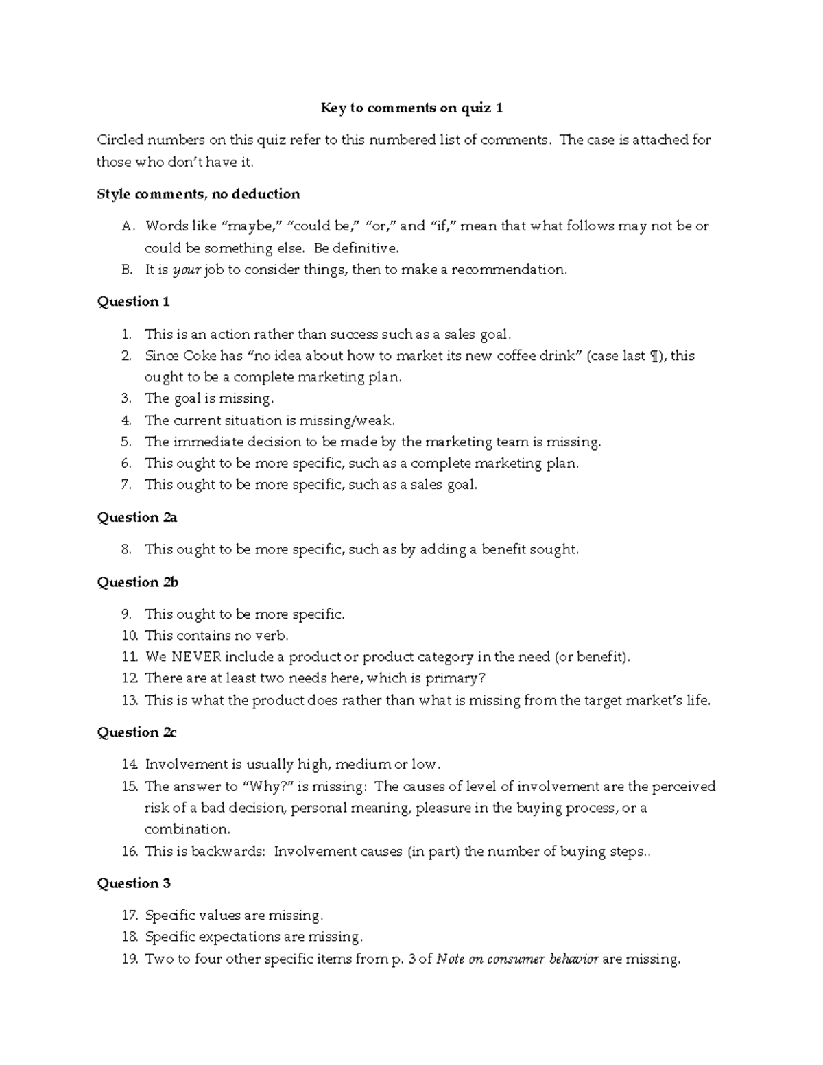Key to comments on quiz 1 - Circled numbers on this quiz refer to this ...