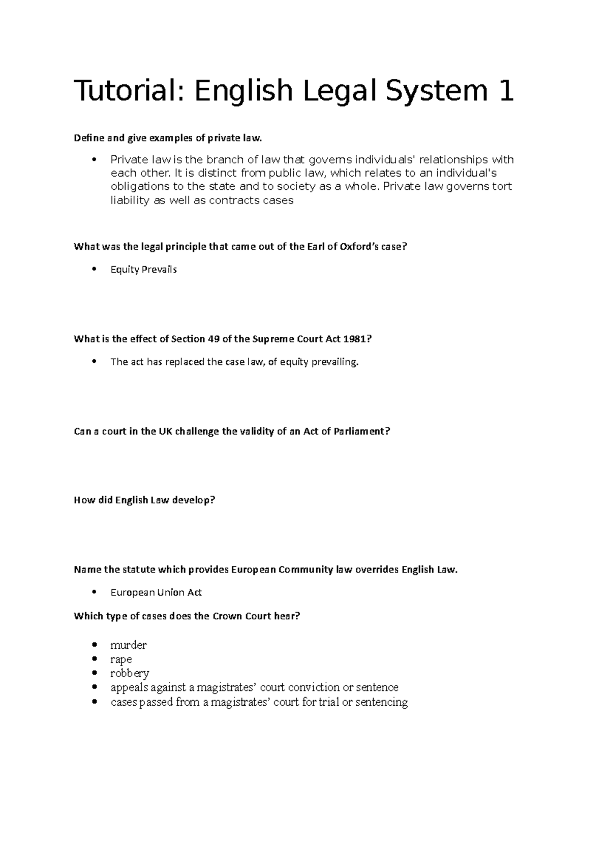 Tutorial English Legal System 1 - Private law is the branch of law that ...