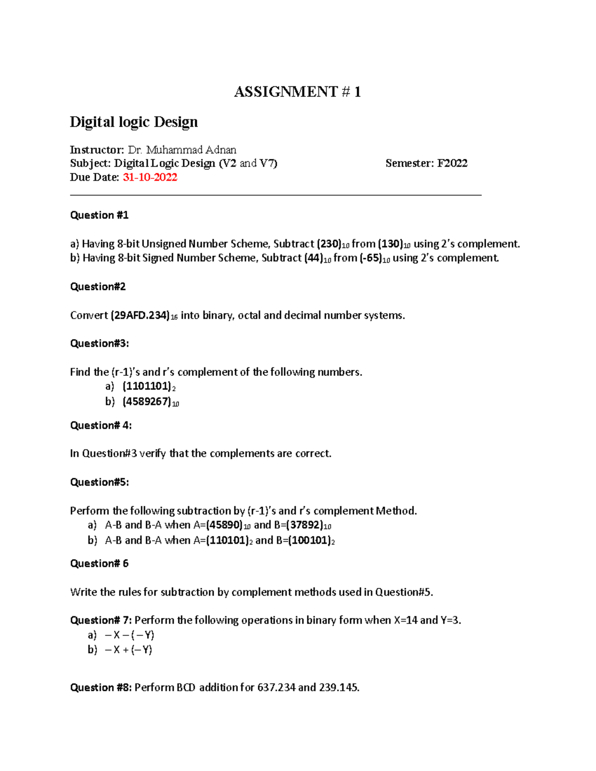 Assignment # 1 - DLD - ASSIGNMENT # 1 Digital logic Design Instructor ...