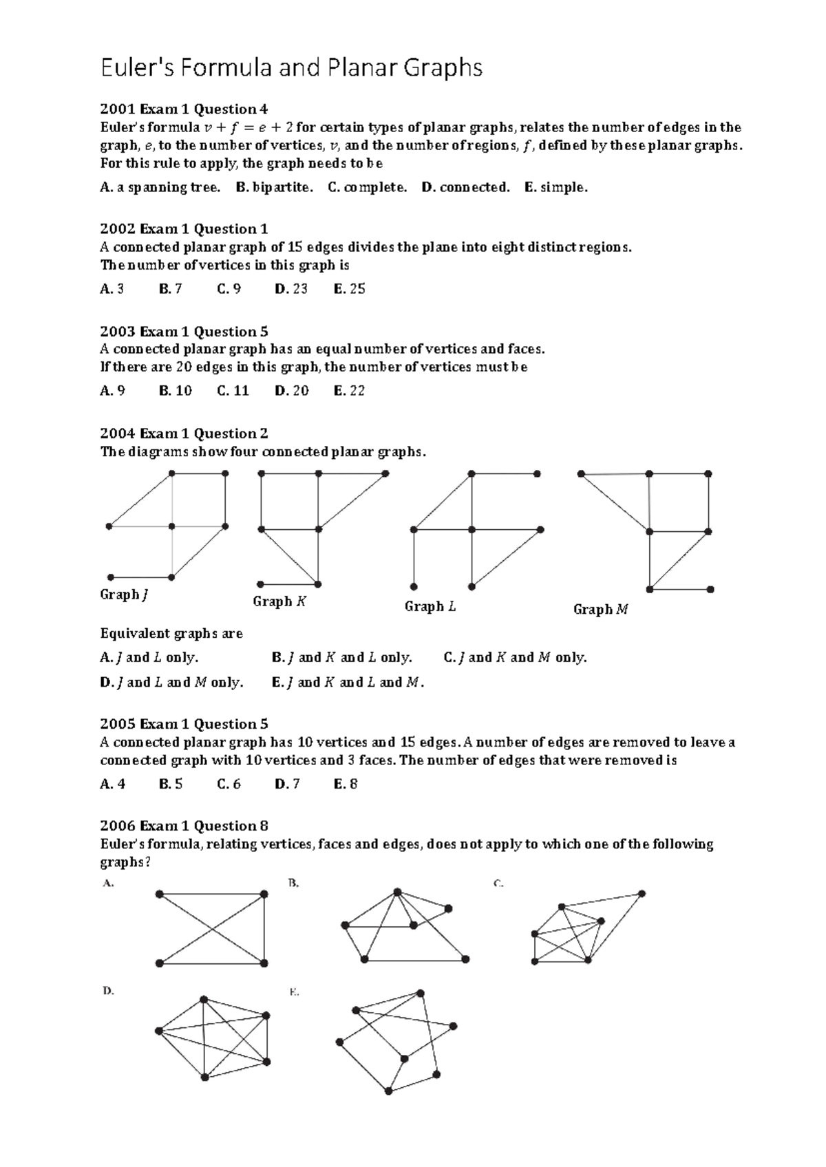 Euler's Formula and Planar Graphs - 2001 Exam 1 Question 4 Euler’s ...