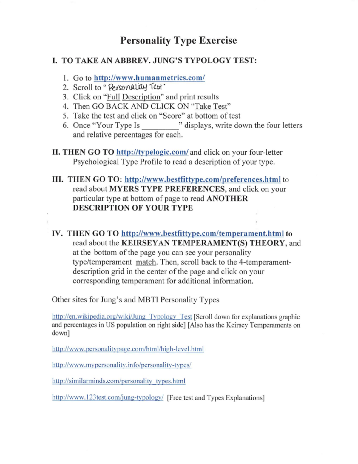 Self-Assessment Assignment - Personality Type Exercise I. TO TAKE AN ...
