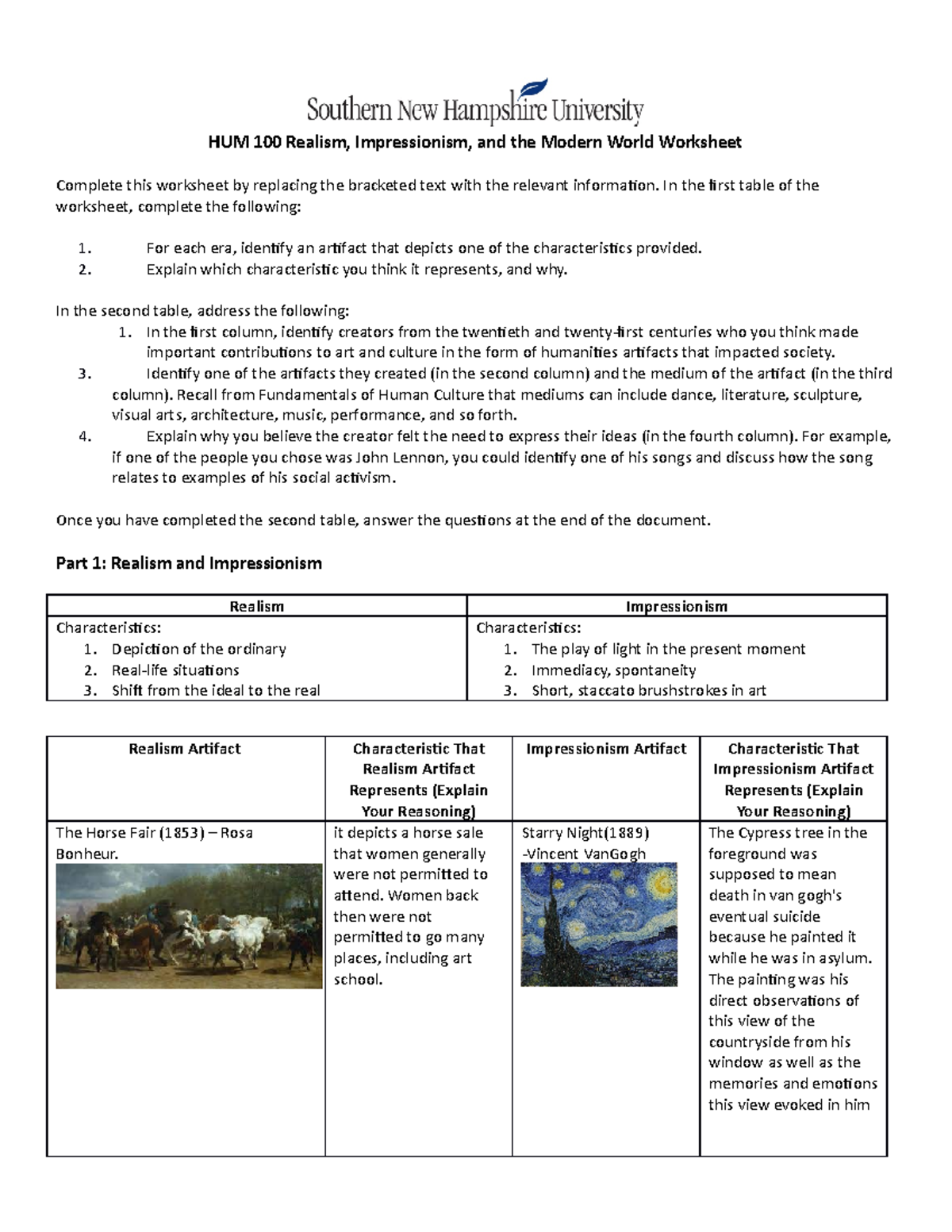 HUM 100 Realism Impressionism and the Modern World Worksheet - HUM 100 ...