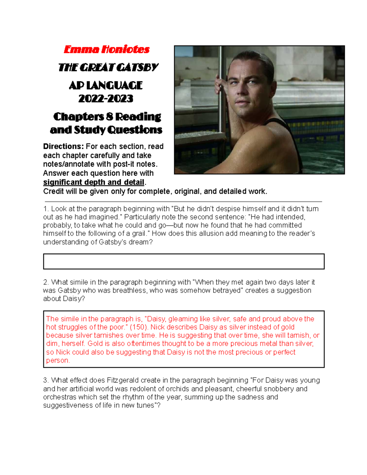 Chapter 8 AP lang Great Gatsby Questions - Emma Honiotes THE GREAT ...
