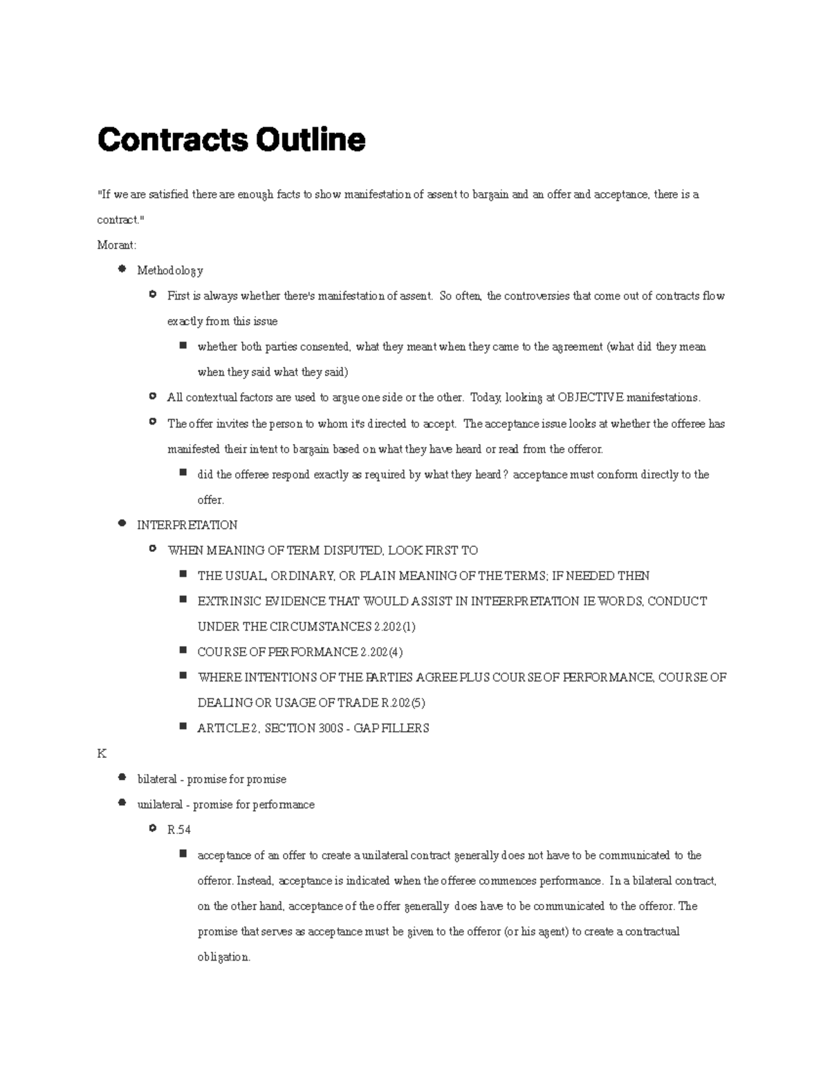 Contracts Outline: Offer Acceptance and Interpretation - Studocu
