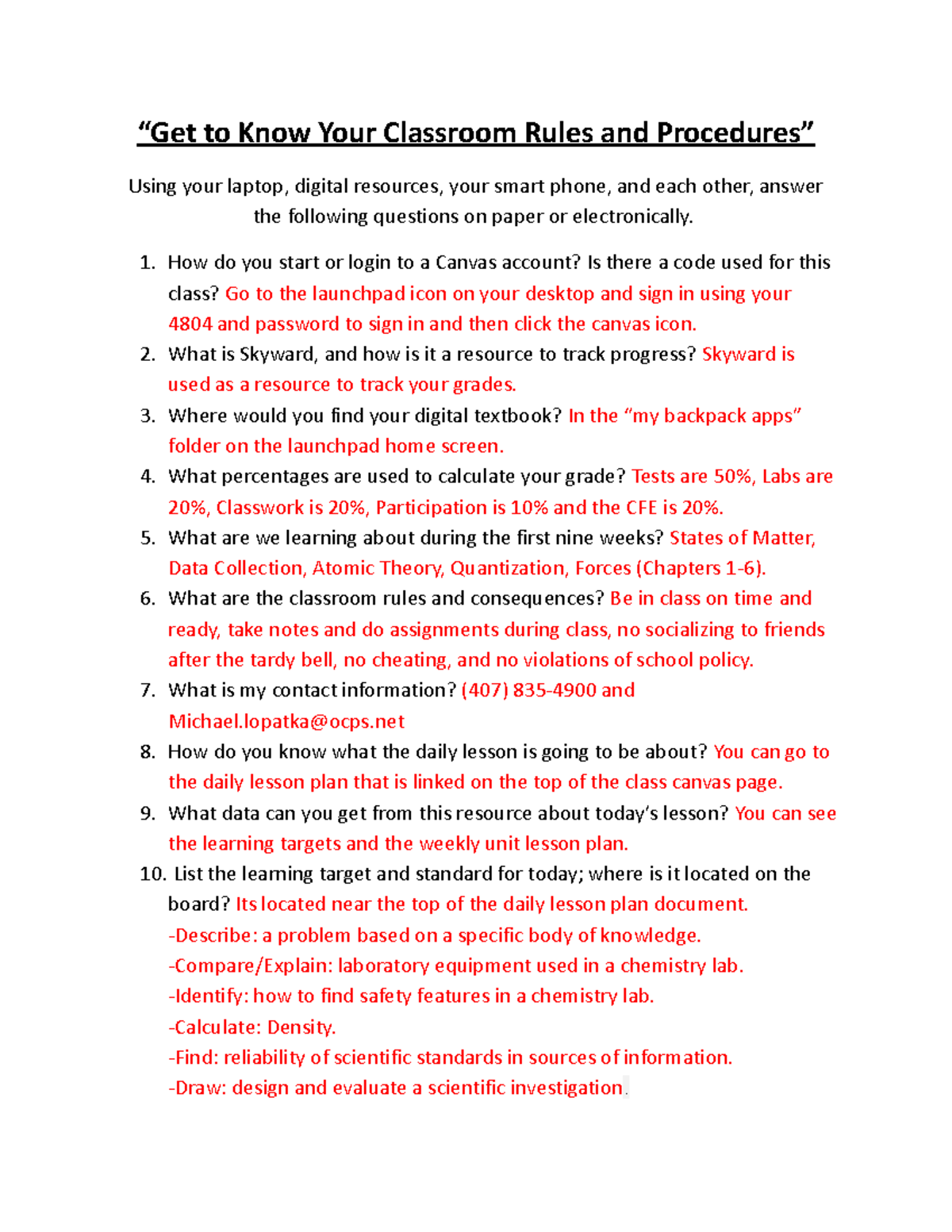 Get to Know Your Classroom Rules and Procedures - “Get to Know Your ...