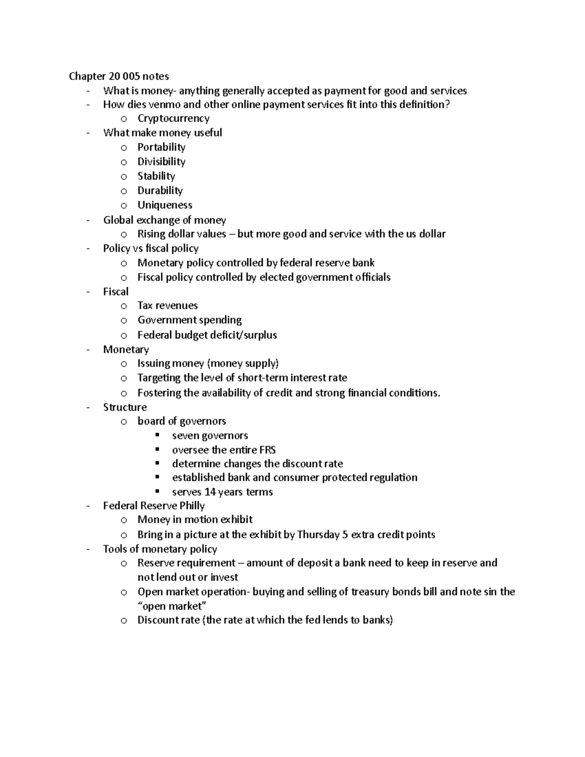 Chapter 20 BUSN notes - Chapter 20 005 notes - What is money- anything ...