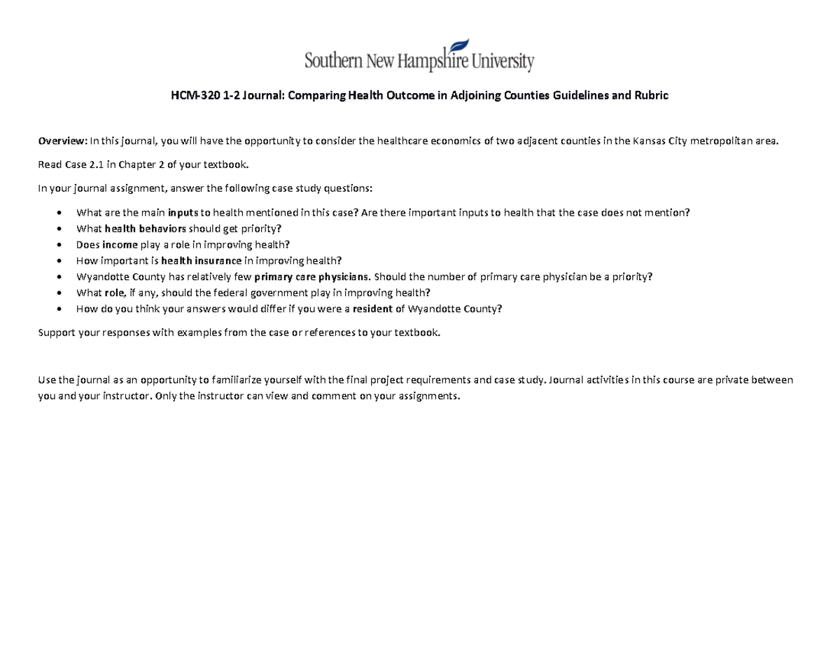 HCM 320 Module One Journal Guidelines and Rubric - HCM-320 1-2 Journal ...