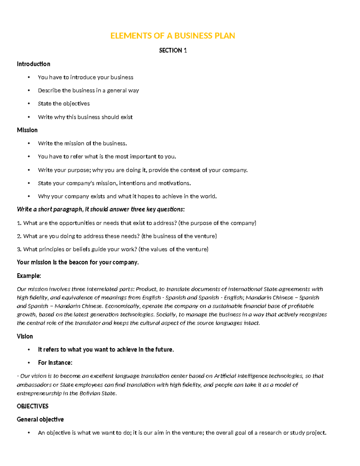 Elements OF A Business PLAN - ELEMENTS OF A BUSINESS PLAN SECTION 1 ...