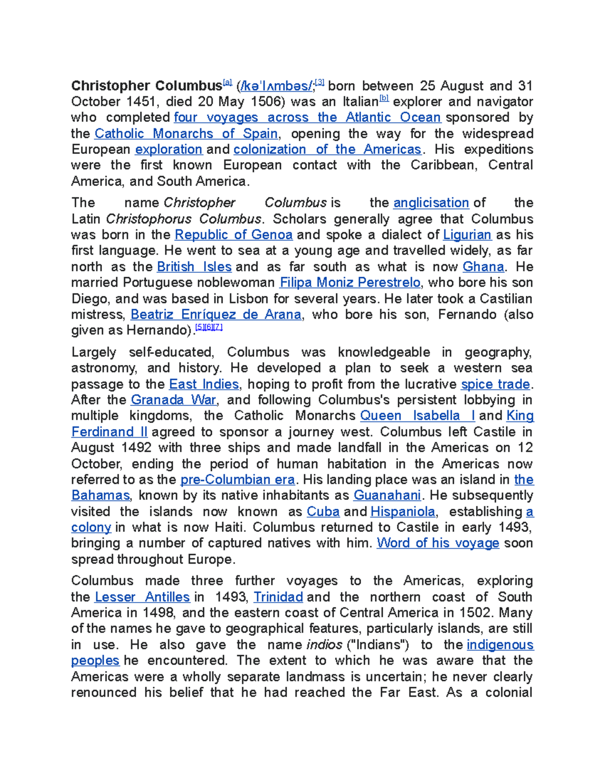 Christopher Columbus - notes - Christopher Columbus[a] (/kə l mbəs/ˈ ʌ ...