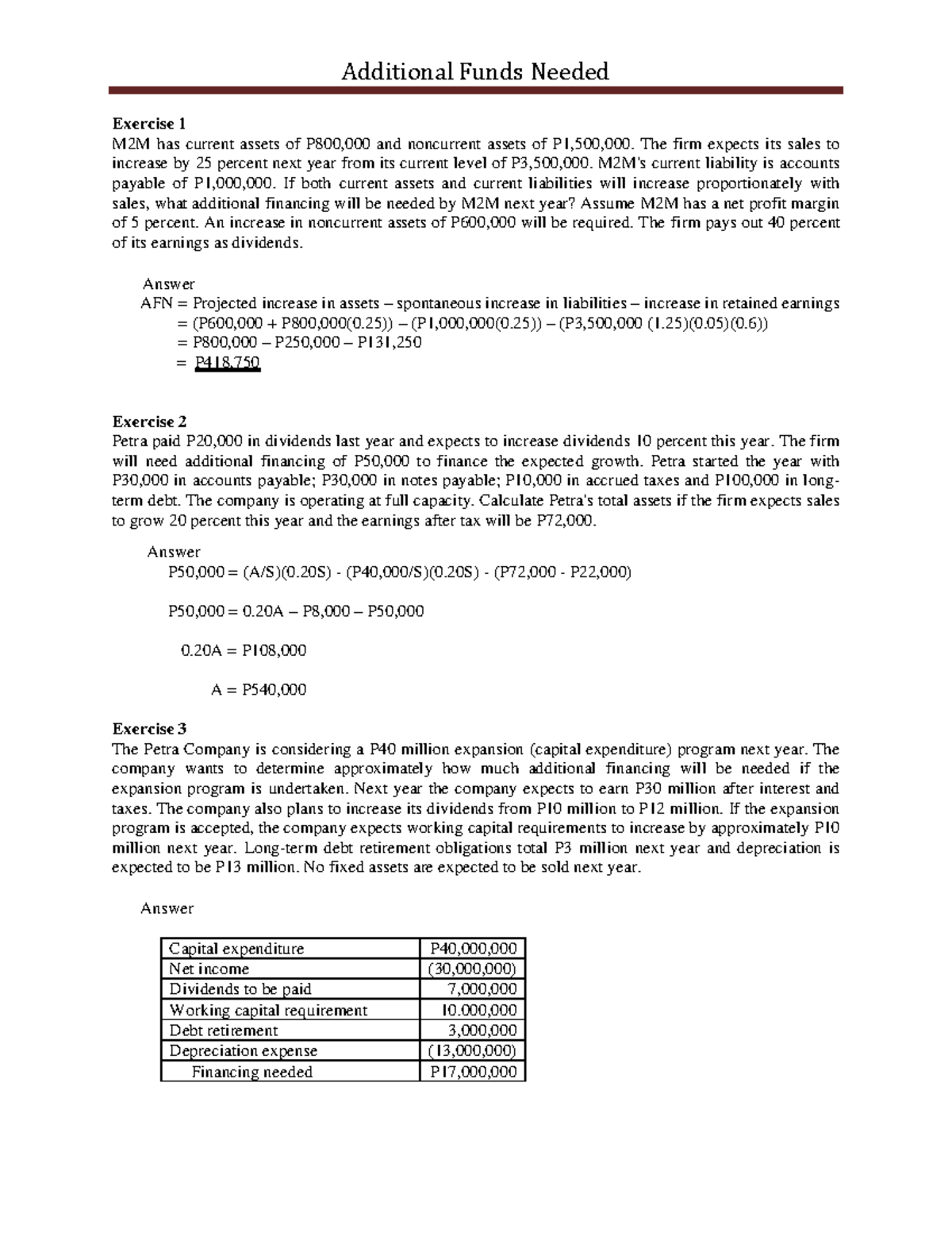 ELEMENTARY ANALYSIS MATH - Exercise 1 M2M has current assets of P800 ...