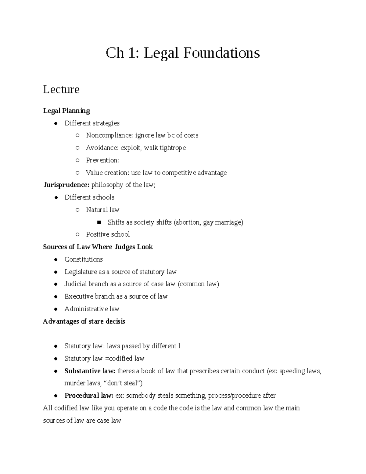 Ch 1 Notes - Ch 1: Legal Foundations Lecture Legal Planning Different ...