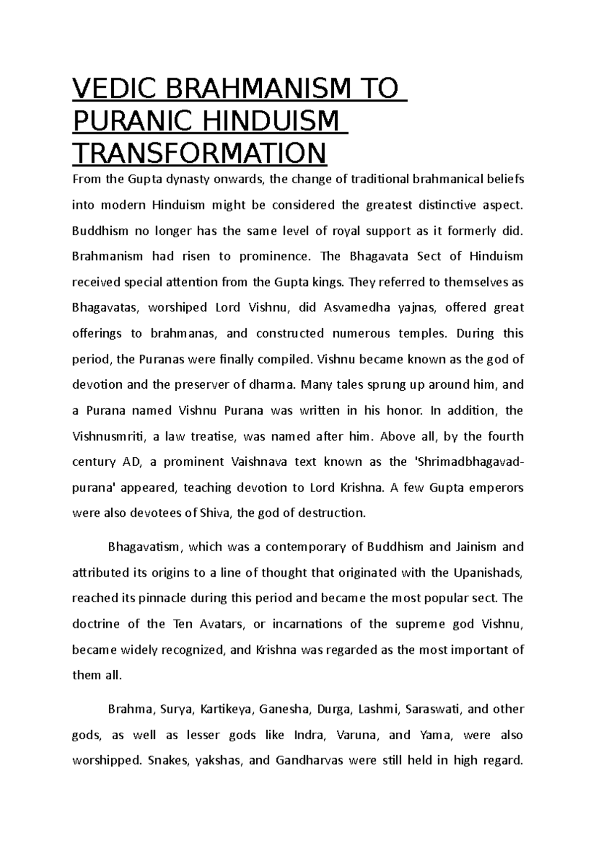 Vedic Brahmanism TO Puranic Hinduism Transformation - VEDIC BRAHMANISM ...