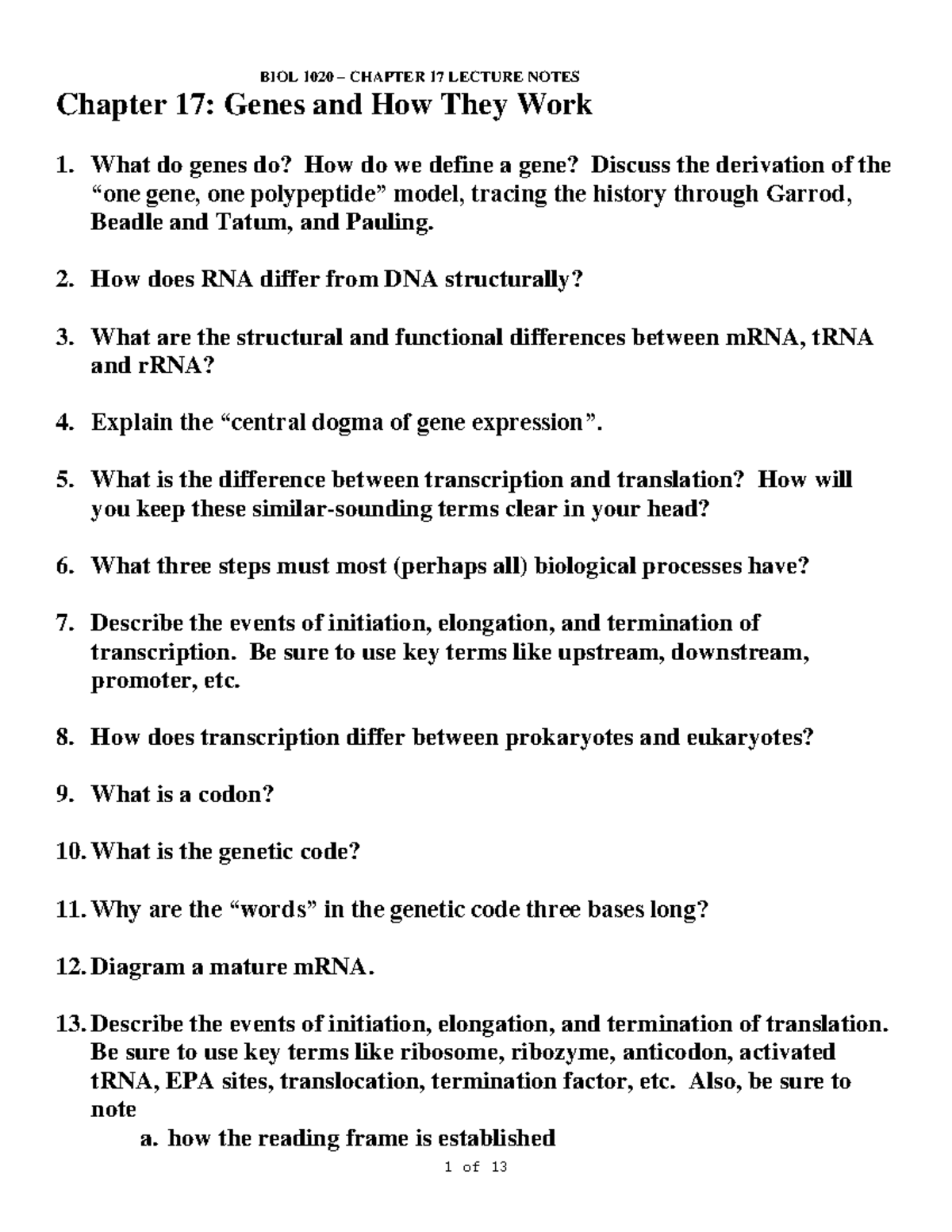 Biology Notes Chapter 17 - Chapter 17: Genes and How They Work 1. What ...