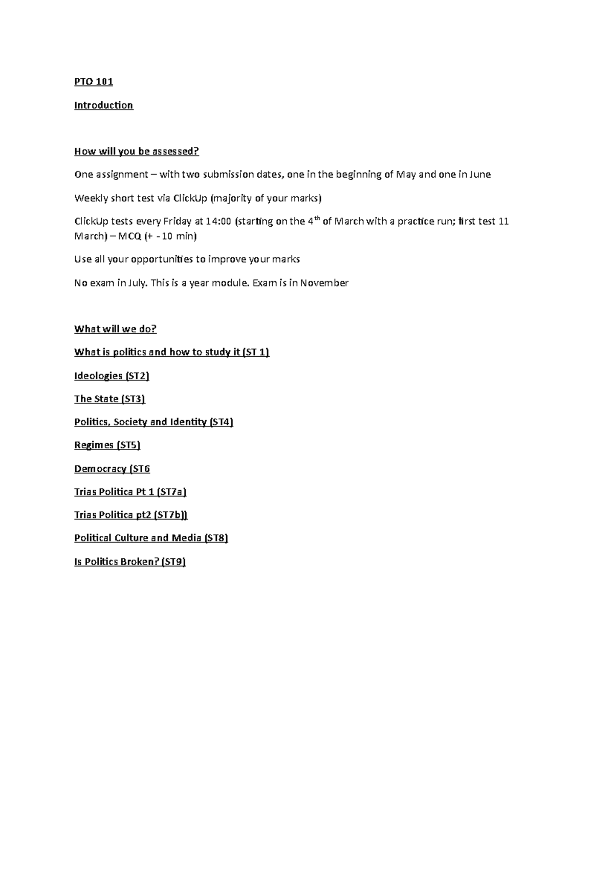 PTO 101 - Lecture notes 1-5 - PTO 101 Introduction How will you be ...