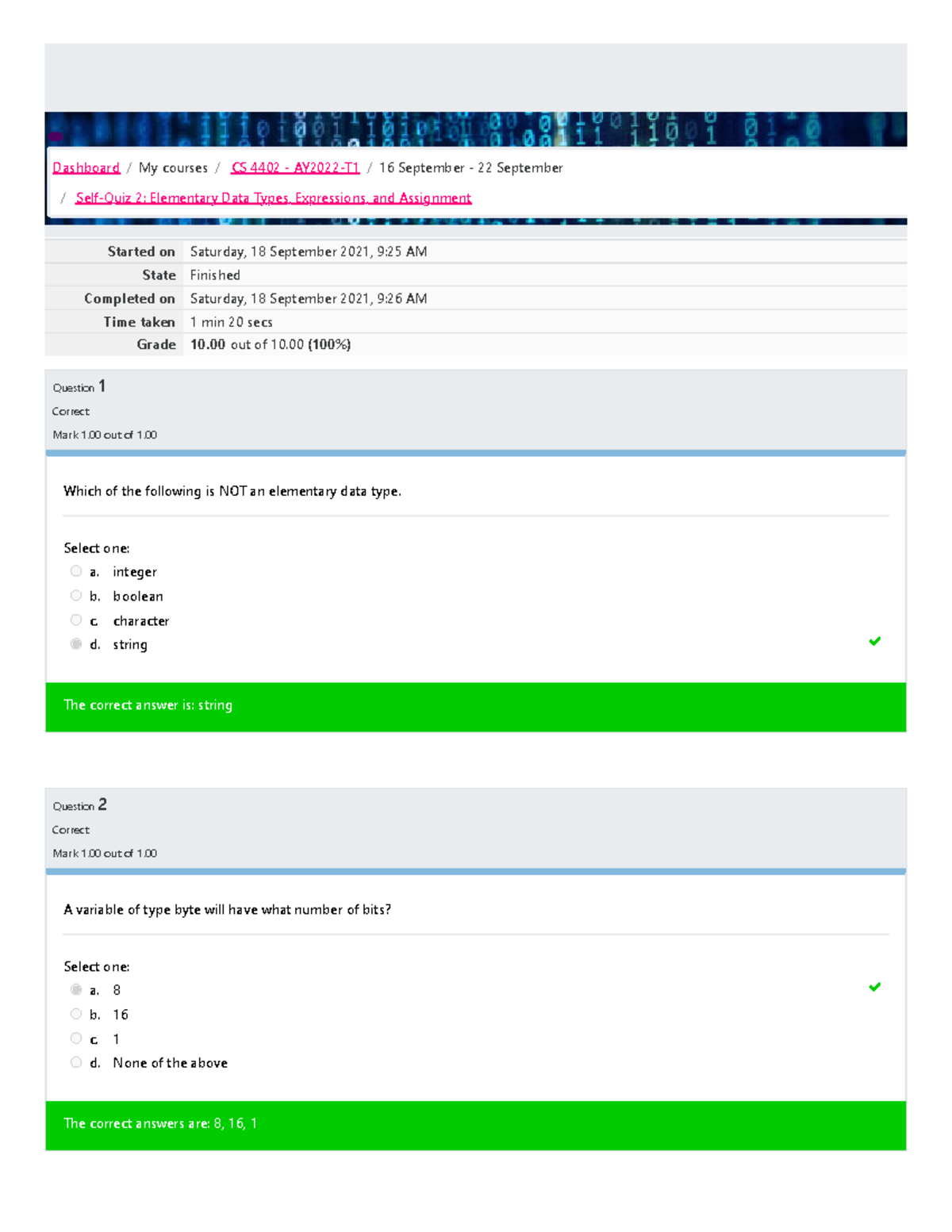 Self Quiz 2 Elementary Data Types Expressions And Assignment Attempt Review Started On