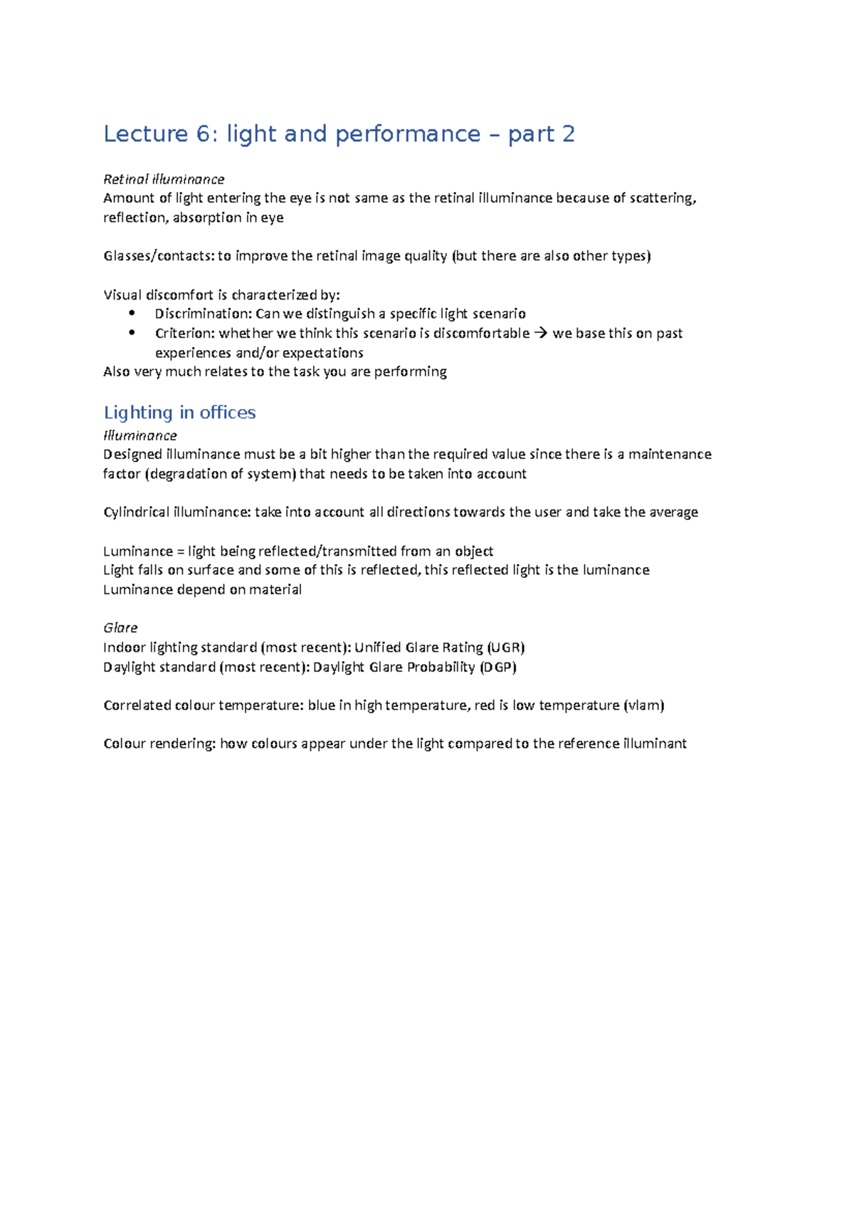 Lecture 6 notes - Lecture 6: light and performance – part 2 Retinal ...