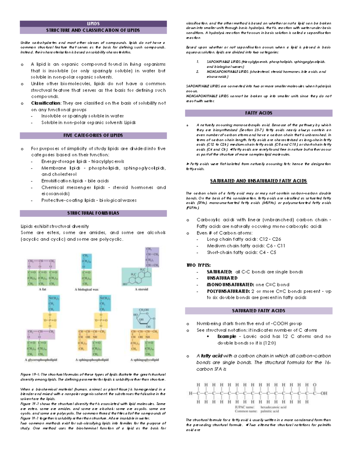 BIOCHEM MIDTERM - LIPIDS - LIPIDS STRUCTURE AND CLASSIFICATION OF ...
