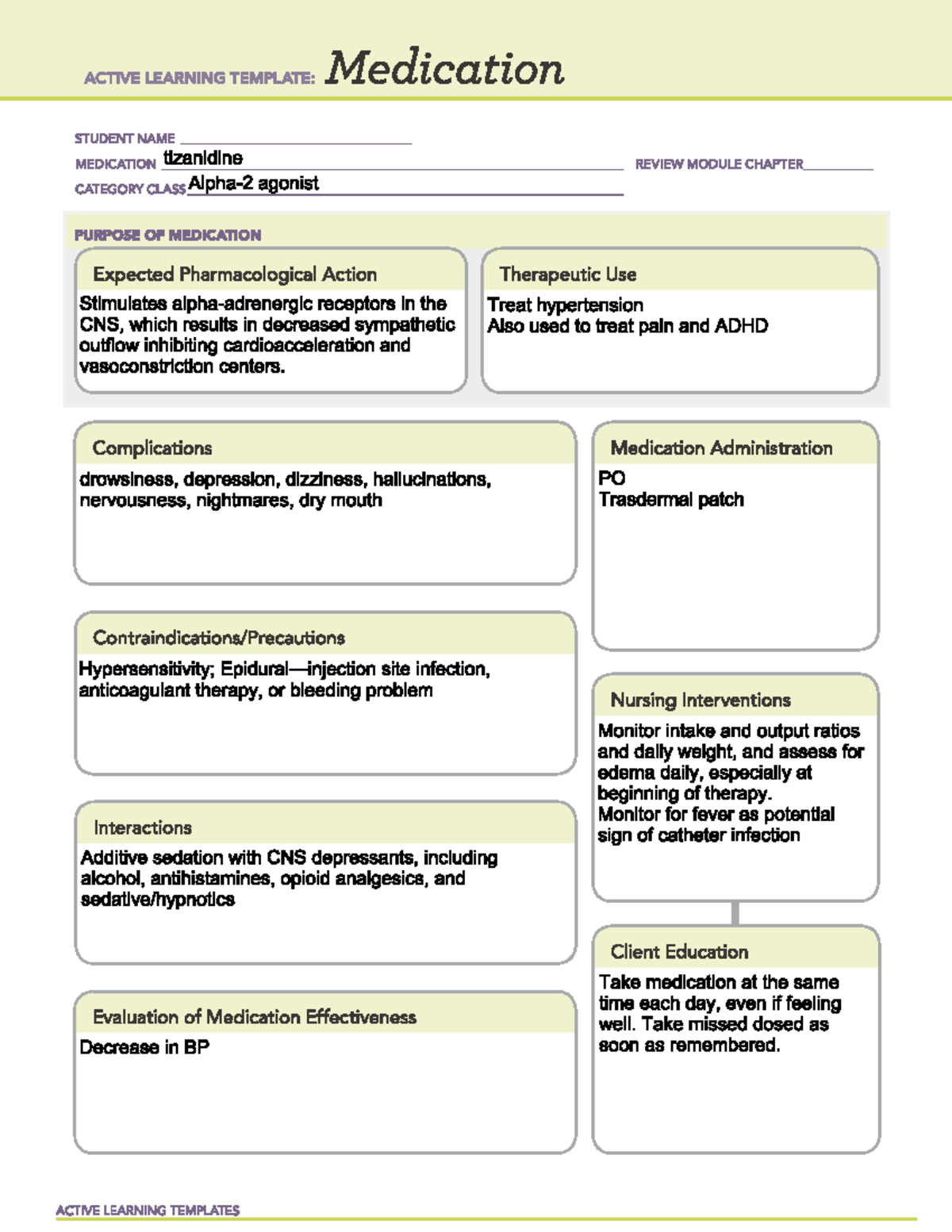 Tizanidine - Medications from the psych lecture - ACTIVE LEARNING ...