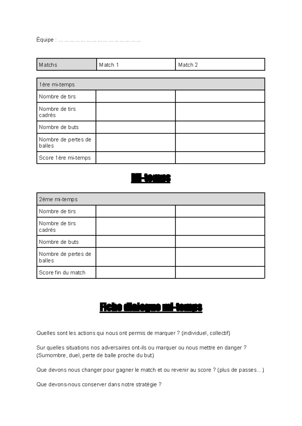 Fiche observation-dialogue séance 5 football - Équipe : - Studocu