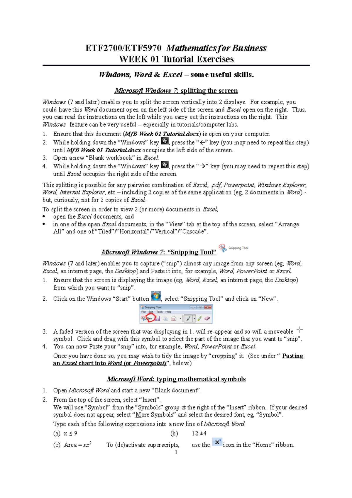 Tutorial work - week 2-12 - ETF2700/ETF5970 Mathematics for Business ...