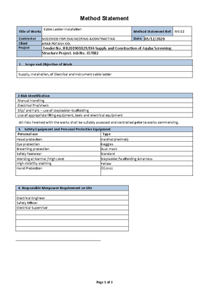 Method Statement for Cable Tray Installation - PROJECT NAME _____ MS/EI ...