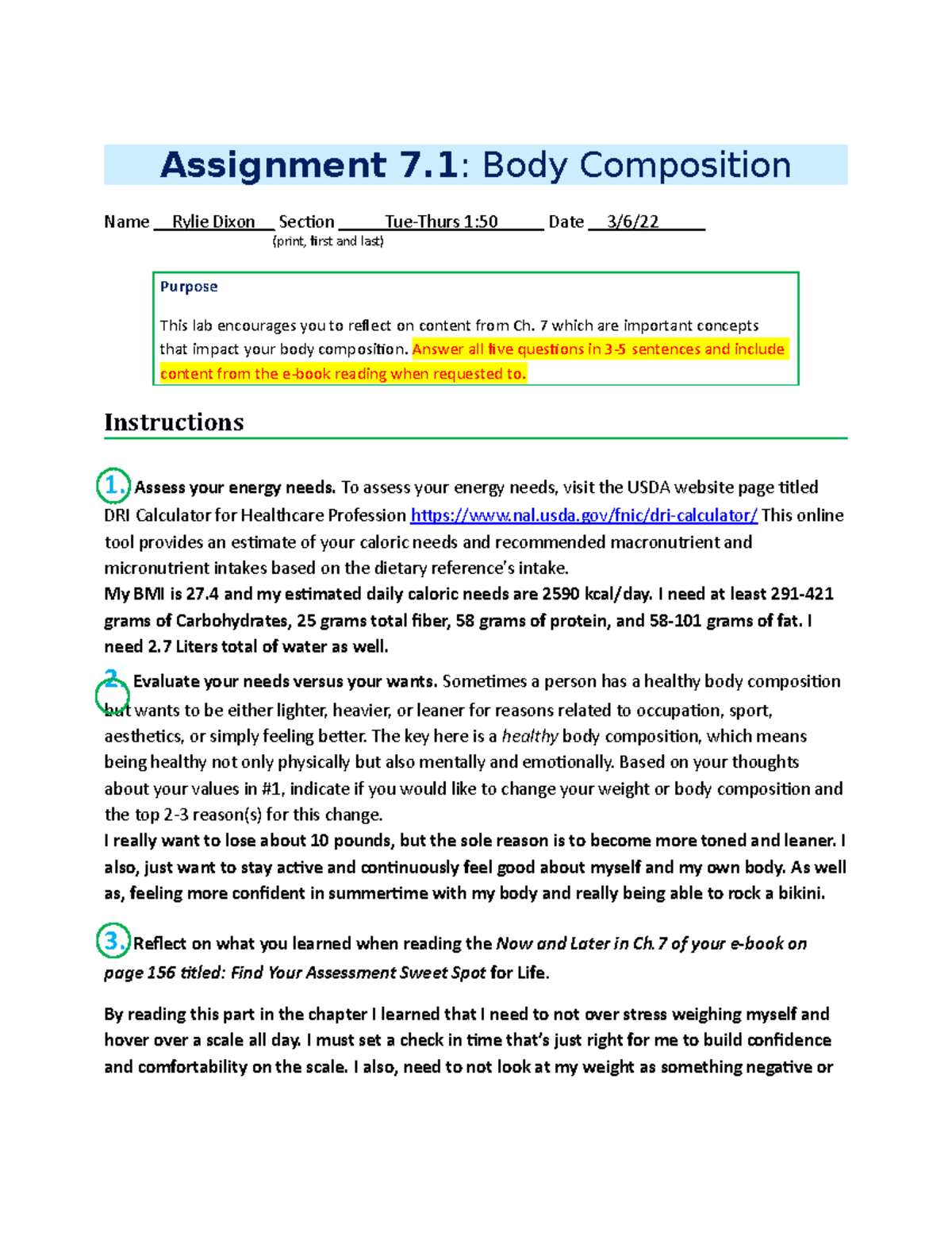 Assignment 7 -Ch. 7 Body Composition-1 - Assignment 7 : Body ...