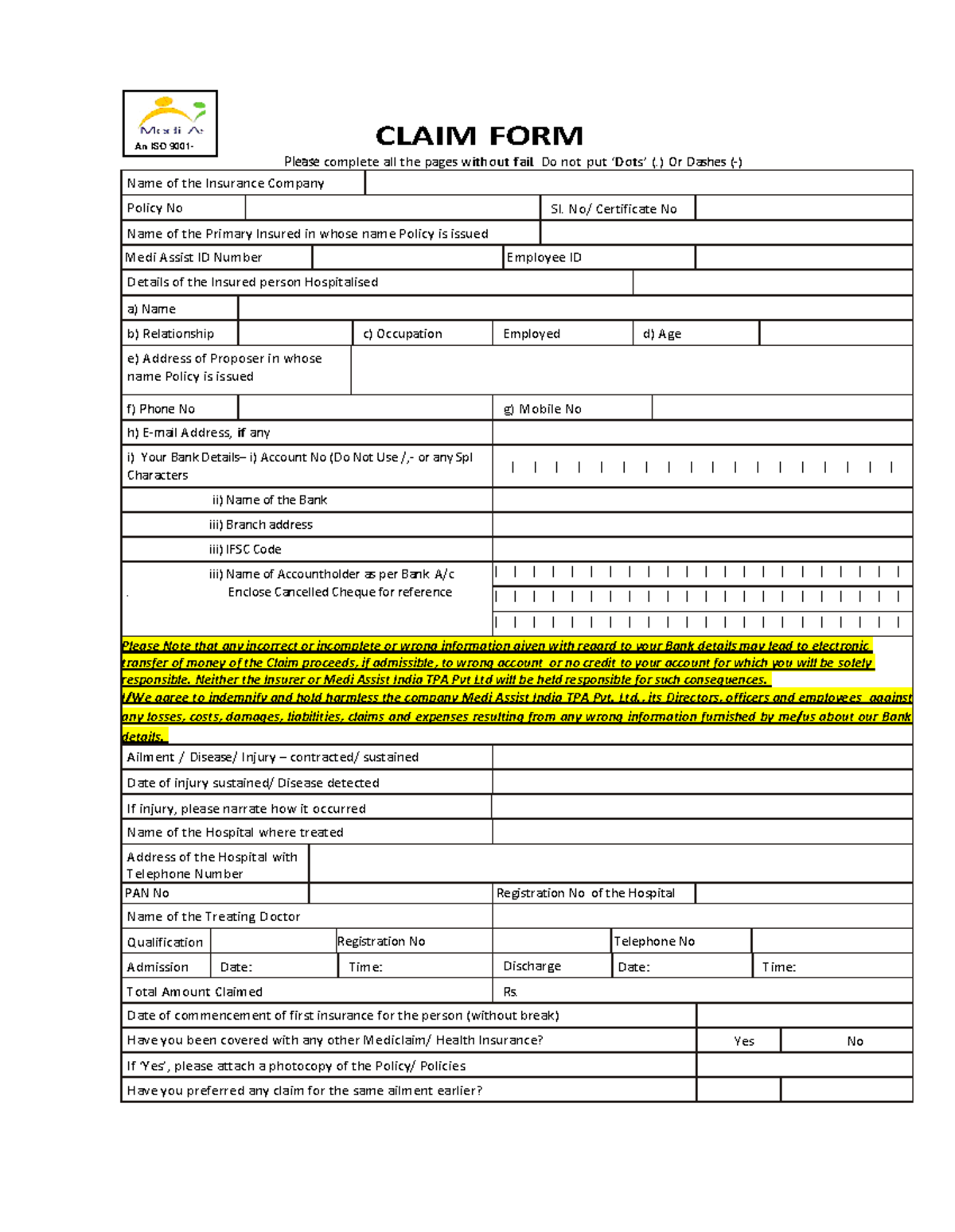 Claim Form - CLAIM FORM Please complete all the pages without fail. Do ...
