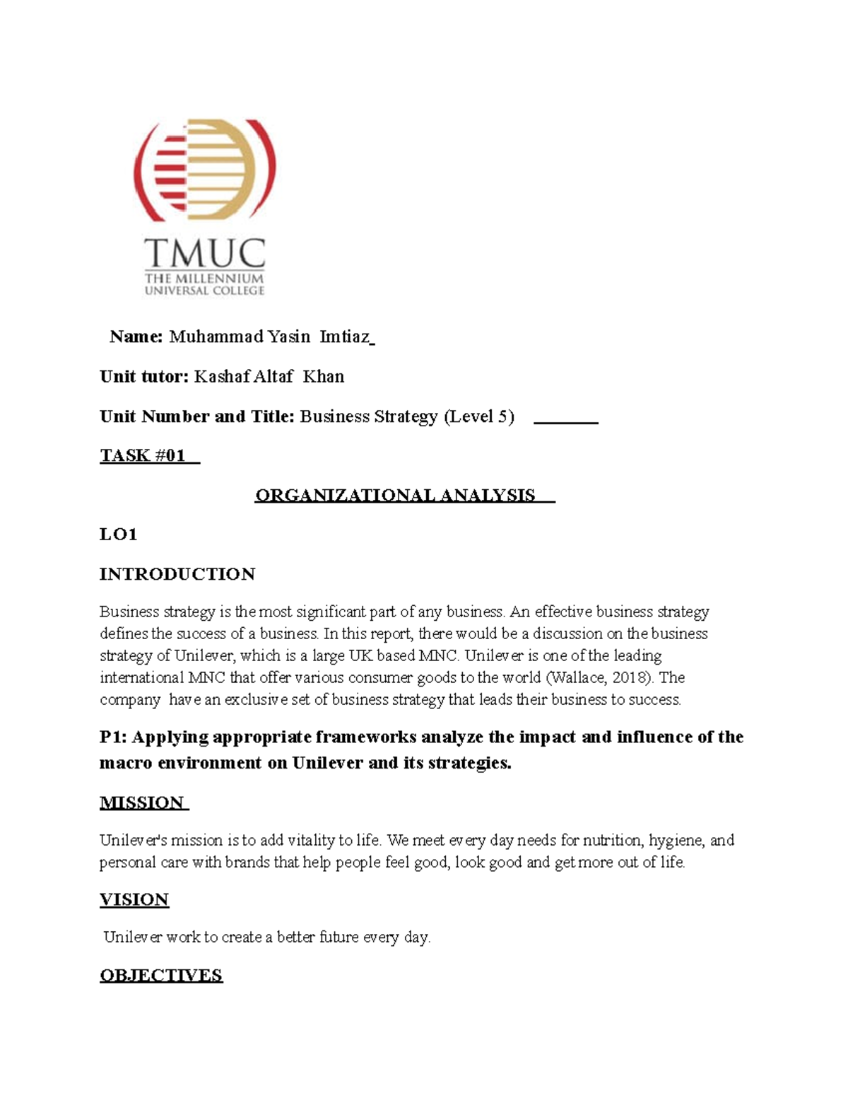 Business strategy assignment - Name: Muhammad Yasin Imtiaz Unit tutor ...