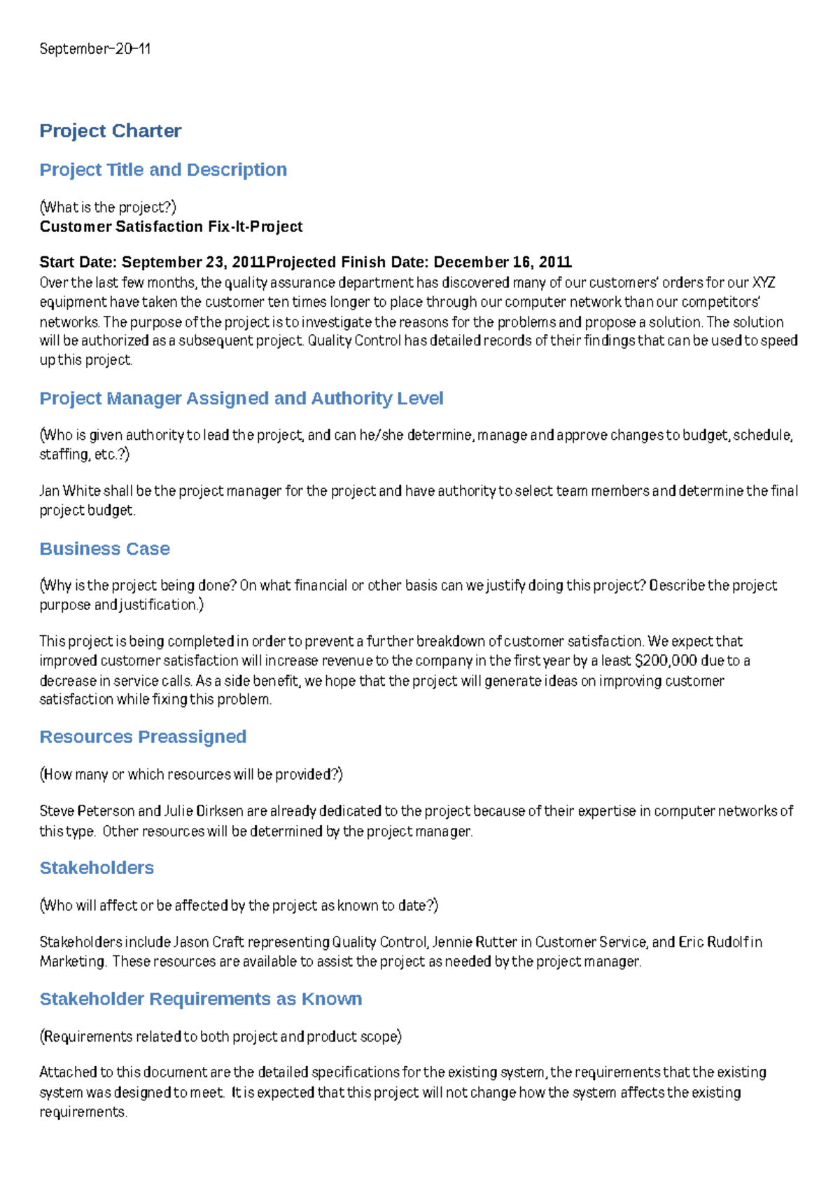 Project Charter - example - September-20- Project Charter Project Title ...