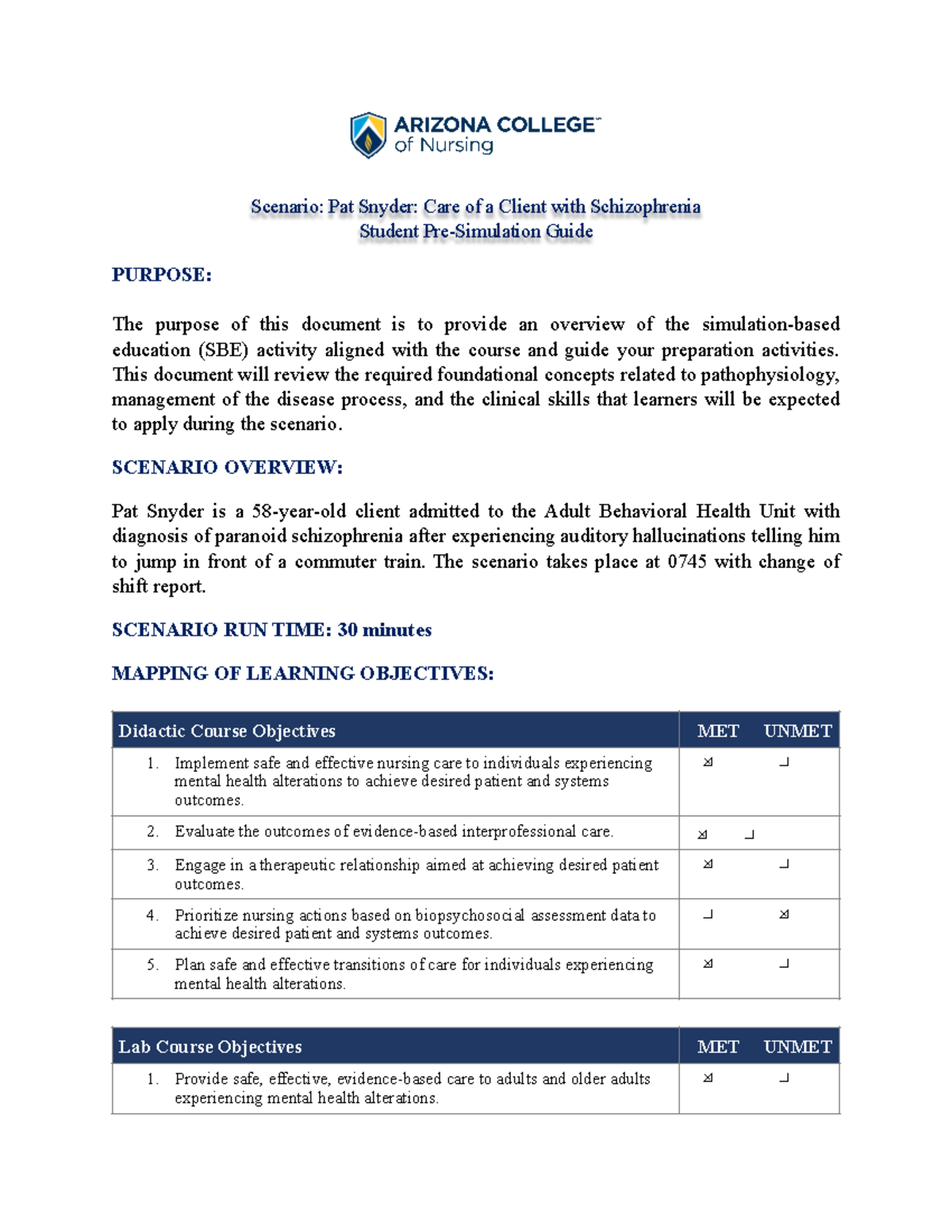 Pat Snyder Care of a Client with Schizophrenia Student Pre-Simulation ...