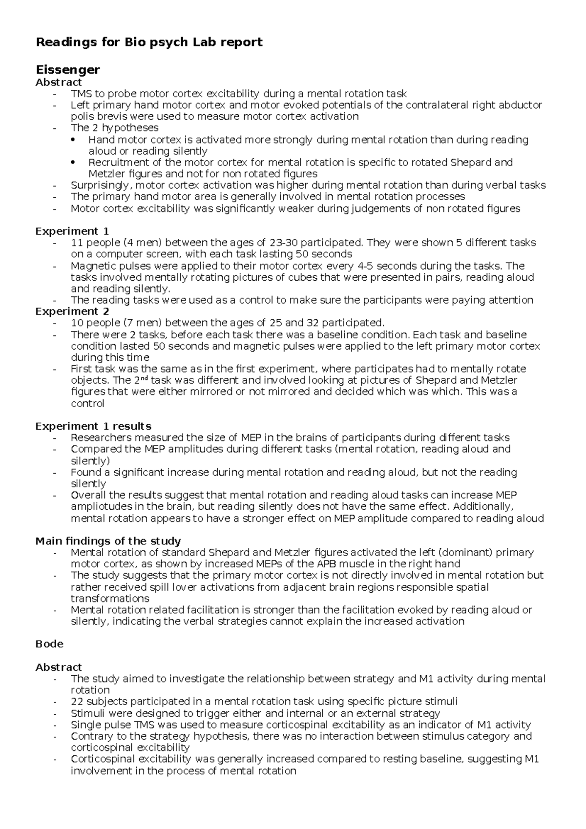 Readings for Lab report - Readings for Bio psych Lab report Eissenger ...
