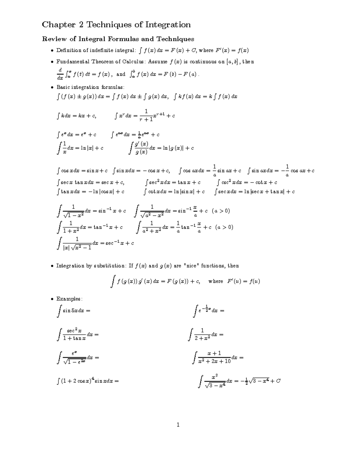 Note211 Review Integrals Cheat Sheet - Chapter 2 Techniques of ...